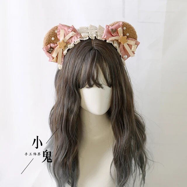 Лолита для волос в виде медвежьих ушек-обруча ободка, Симпатичные шпильки Женские орнамент Шнуровка с бантиком женские аксессуары для волос