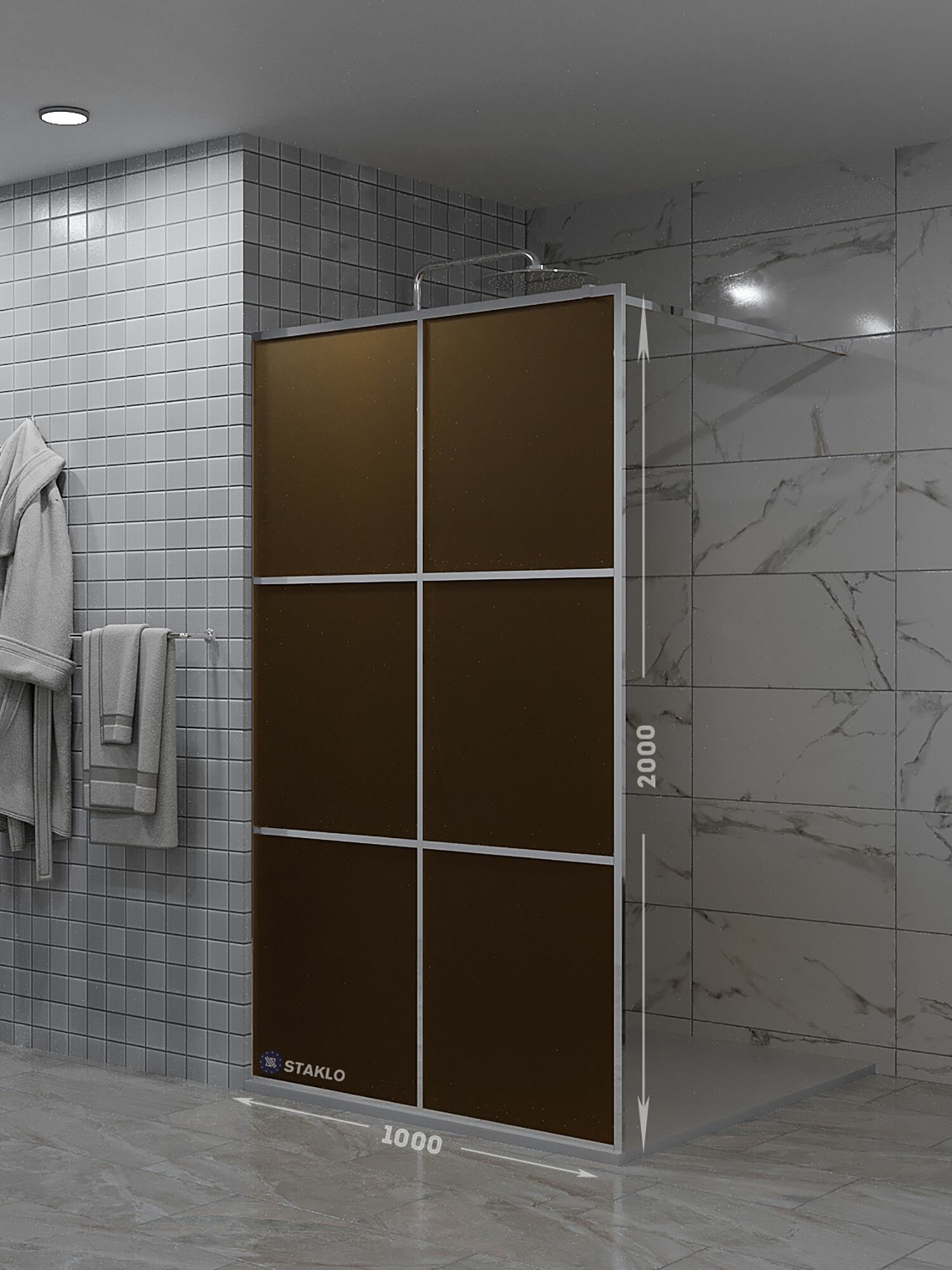 Loft душевая одиночная перегородка staklo 100x200 из бронзового матового стекла хром фурнитура