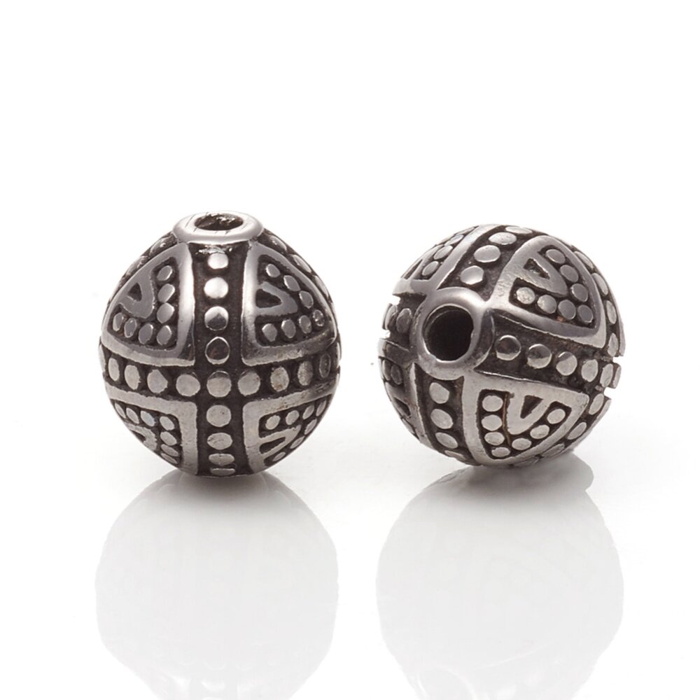 Бусина металлическая, 10х9.5мм, с геометрическим орнаментом, базовый материал - нержавеющая сталь, без покрытия, с чернением, 1 шт.