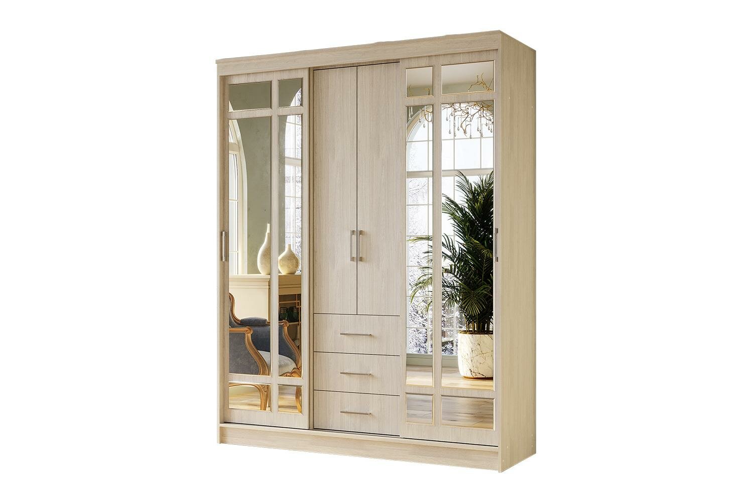 Шкаф-купе для одежды 4-х дверный Маэстро, 170х220х60 см, бежевый, серебро