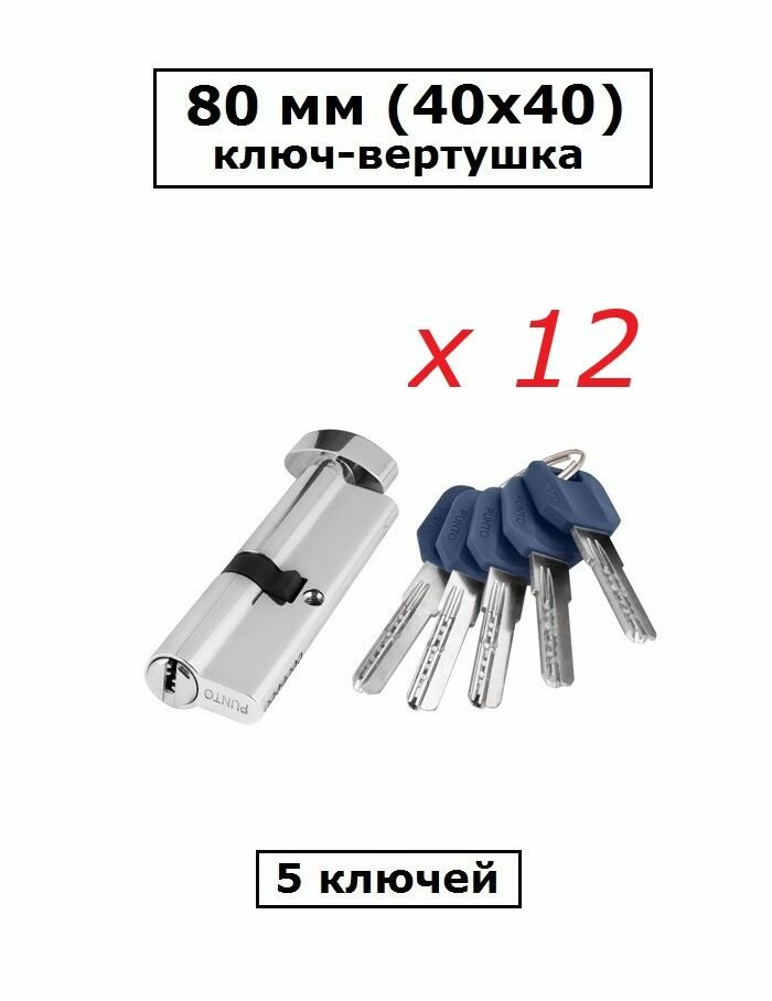 Комплект личинок замка 12 штук 80 мм (40х40) с вертушкой и перфоключами хром цилиндровый механизм Punto