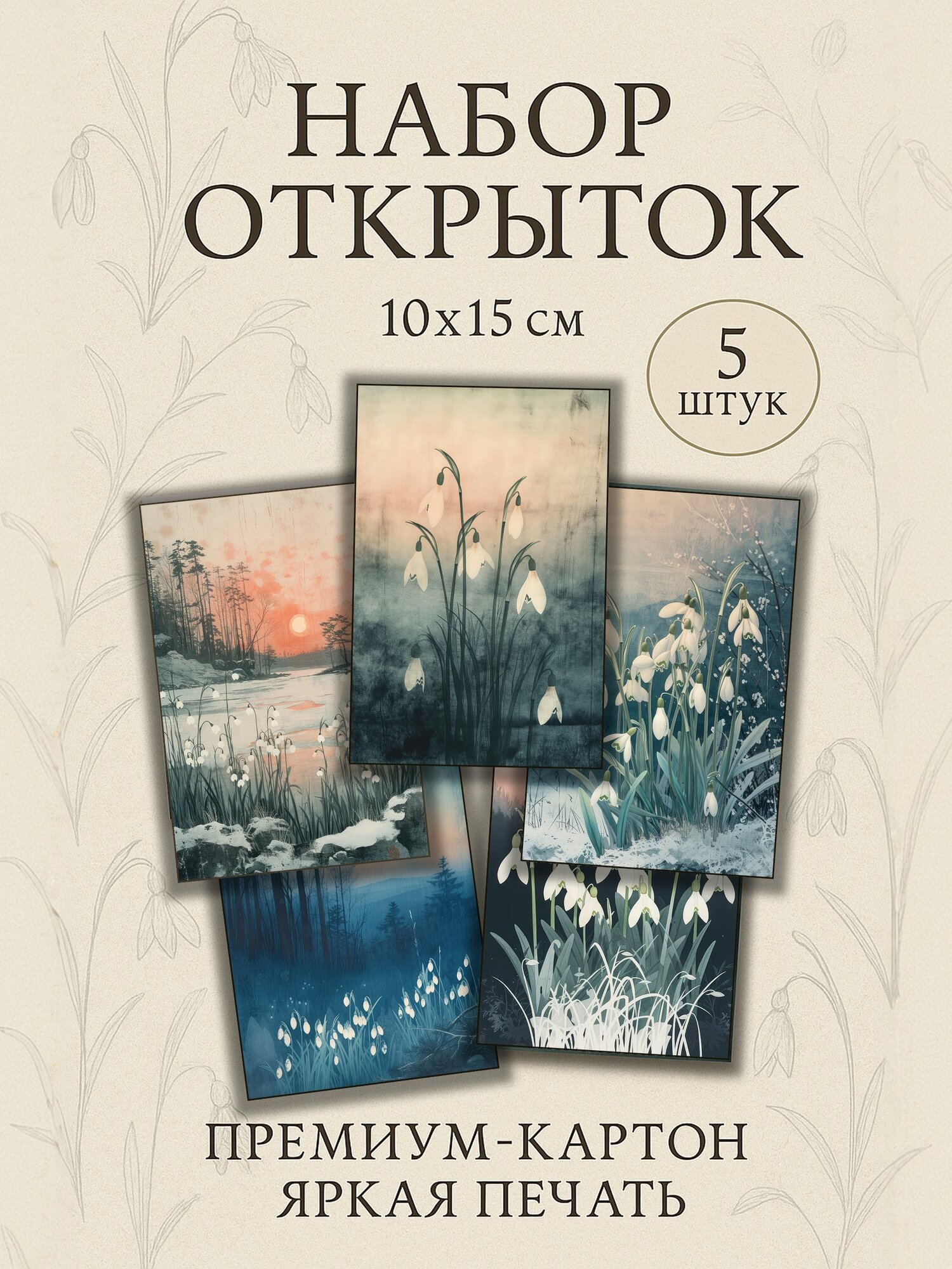 Набор открыток для посткроссинга "Весенние подснежники" (5 шт.) - Изысканные иллюстрации, мини-постеры, поздравления на 8 марта