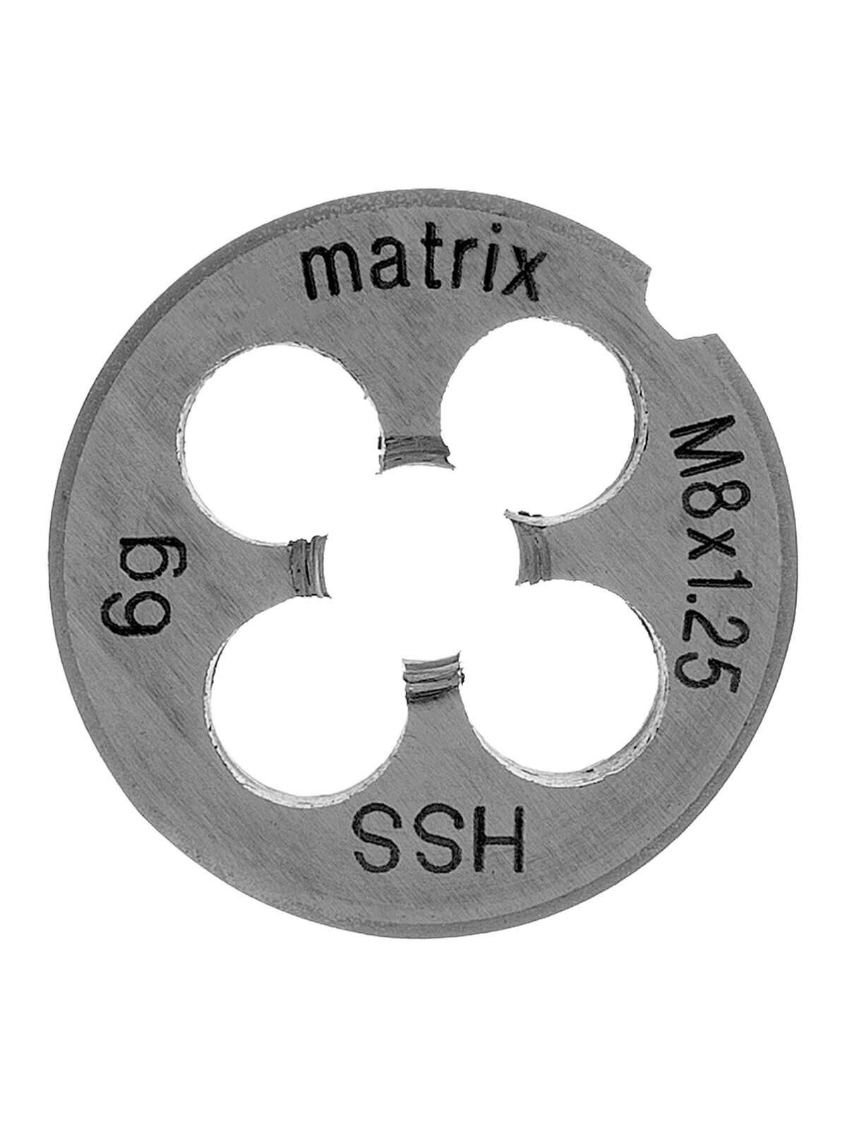 Плашка для нарезки резьбы Matrix, М8 х 1,25 мм, сталь HSS, закаленные рабочие части, высокий класс точности 6G, 77077