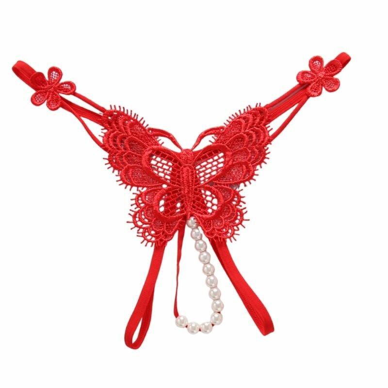 Женские стринги с кружевом и жемчугом