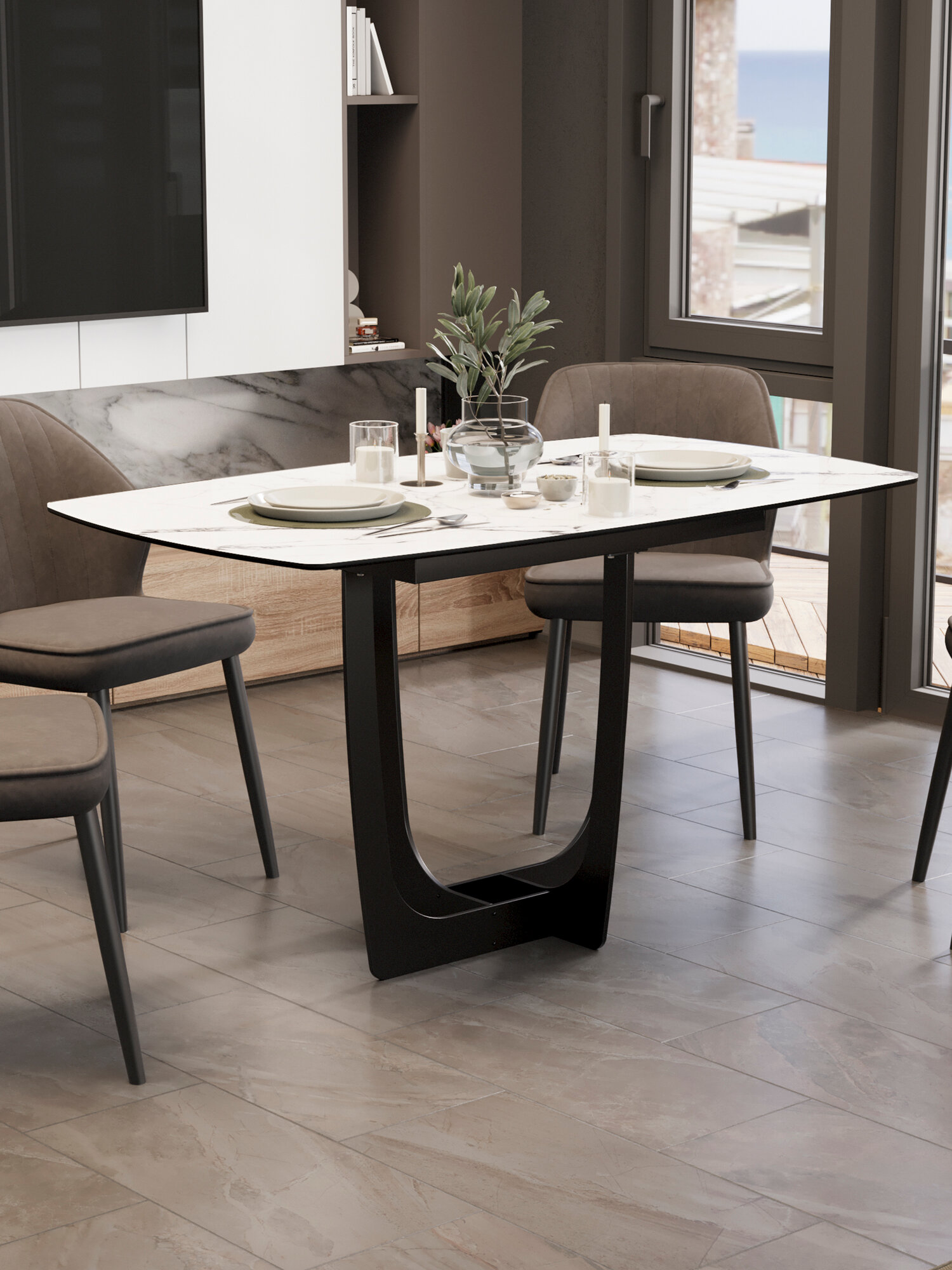 Стол кухонный (ДхГхВ) 140х85х77, стеклянный Орфей (Черный муар/Стекло глянцевое белый мрамор)