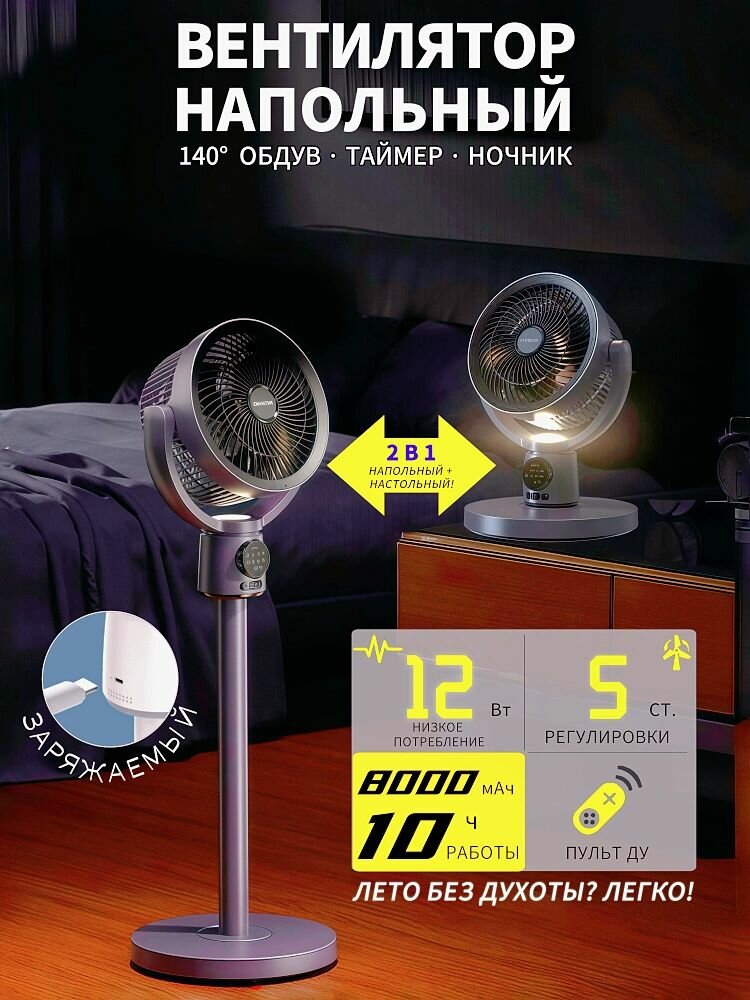 Вентилятор напольный с дистанционным управлением, 5 скоростей, usb-зарядка, таймер, ночник, съемный для очистки, напольный и настольный 2-в-1