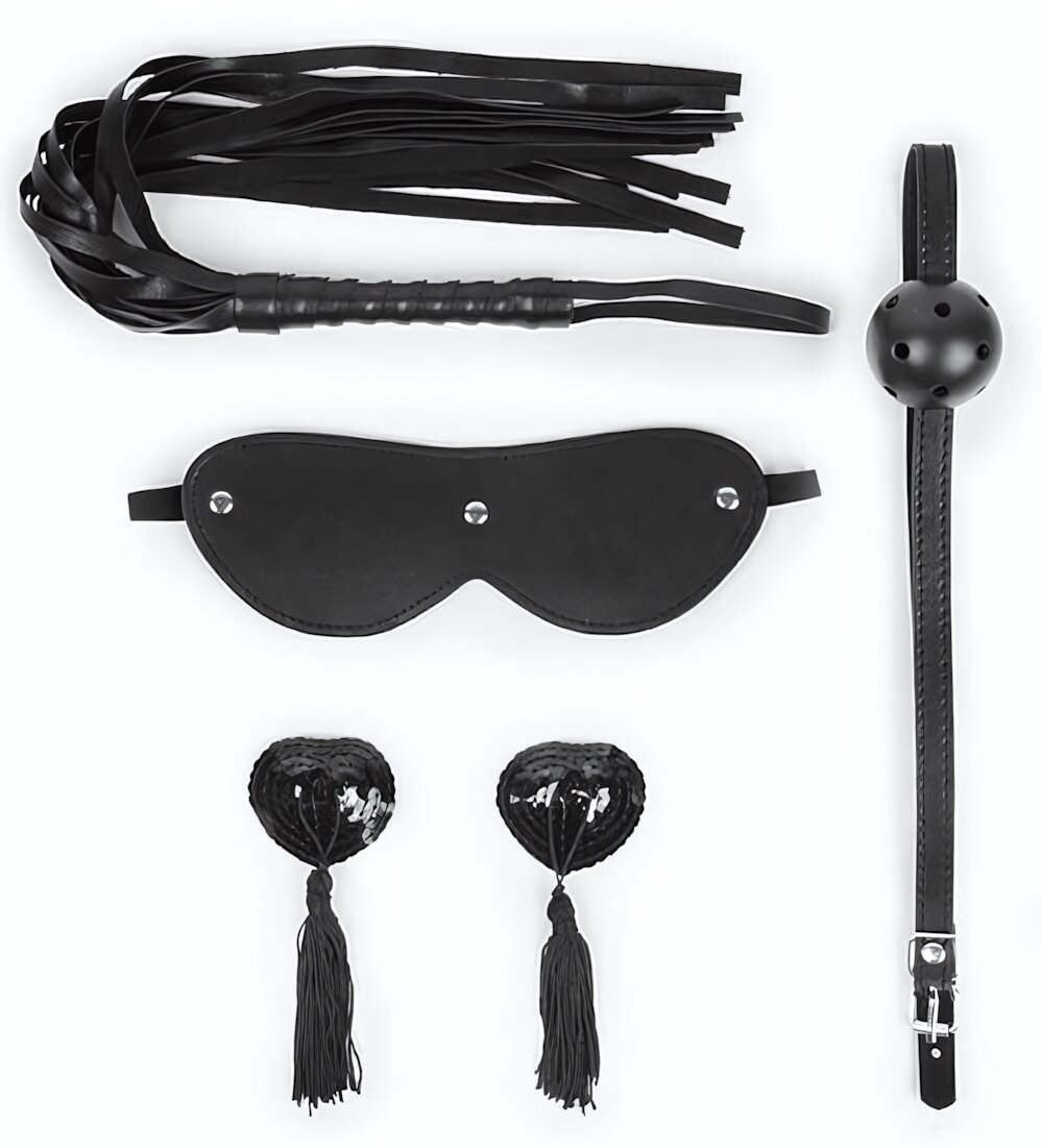Эротический набор для БДСМ: маска, кляп, плётка, пэстисы, черный