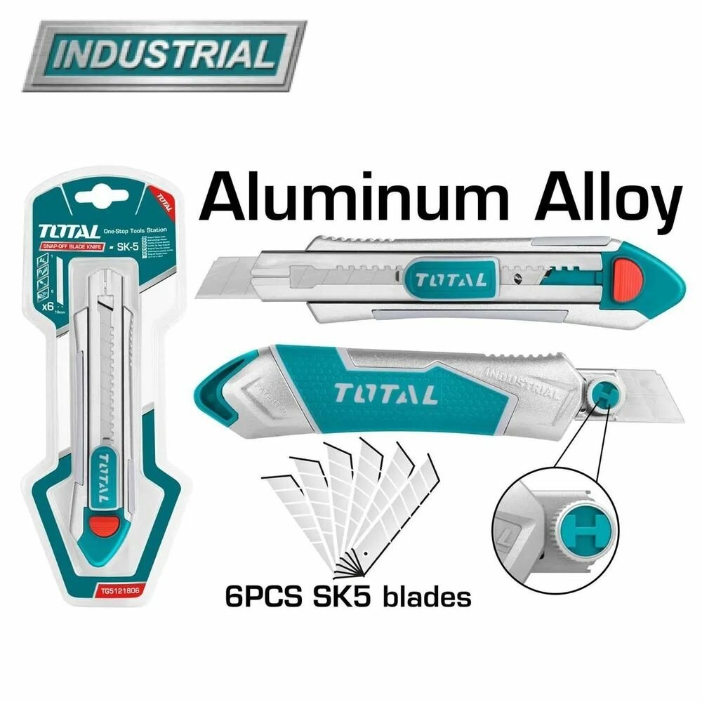 Нож с выдвижным лезвием TG5121806, длина 185 мм TOTAL INDUSTRIAL (6 лезвий