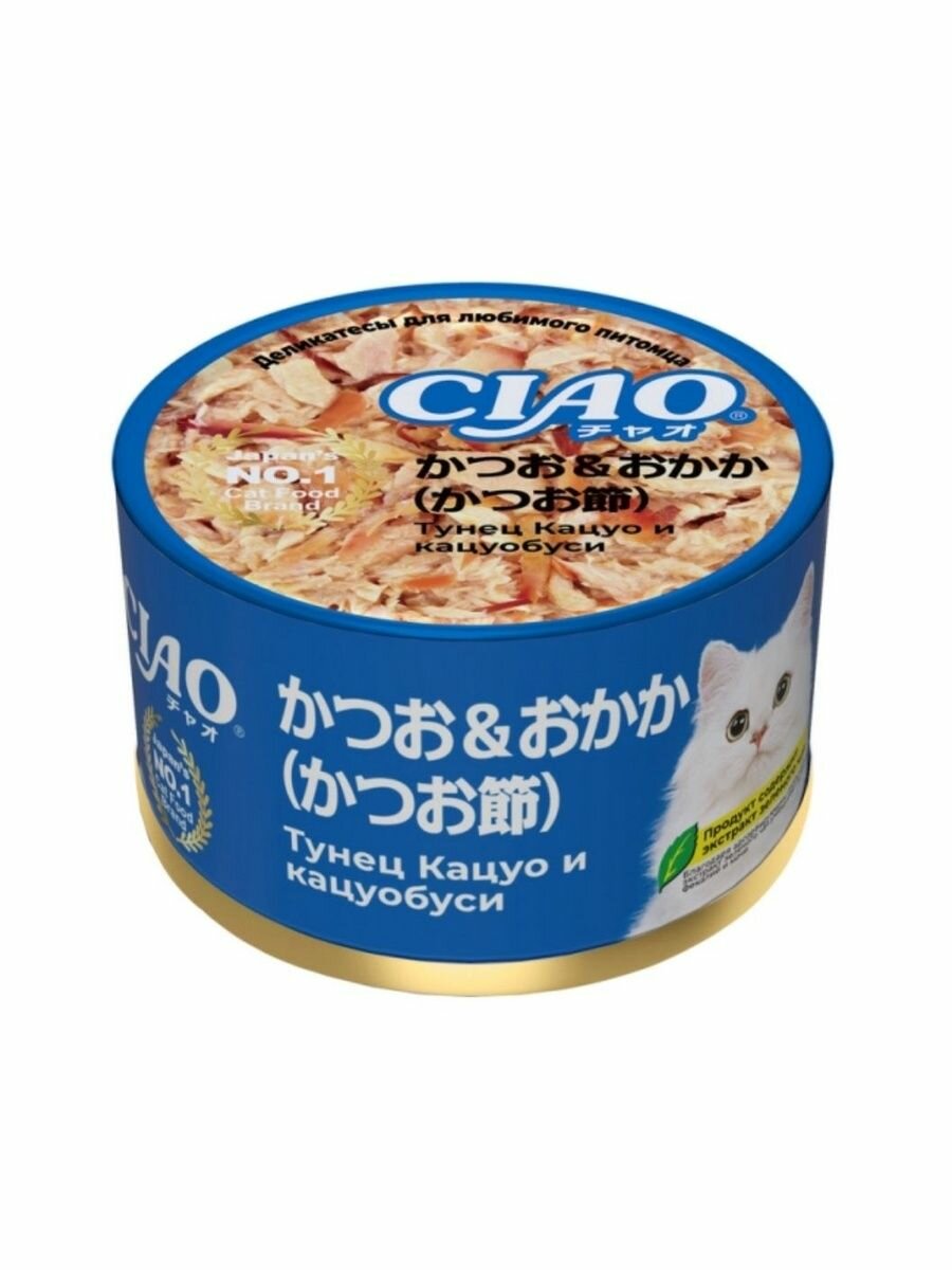 Корм для кошек влажный кусочки в желе Тунец Кацуо и кацуобуси INABA CIAO/ инаба ЧАО CAN, консервы, 85 гр х 1 шт.
