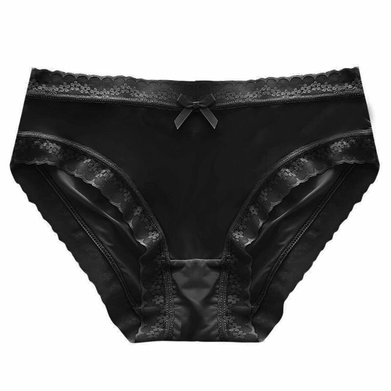 Женские трусики из ледяного шелка с цветочным кружевом и бантом, Черный - XL