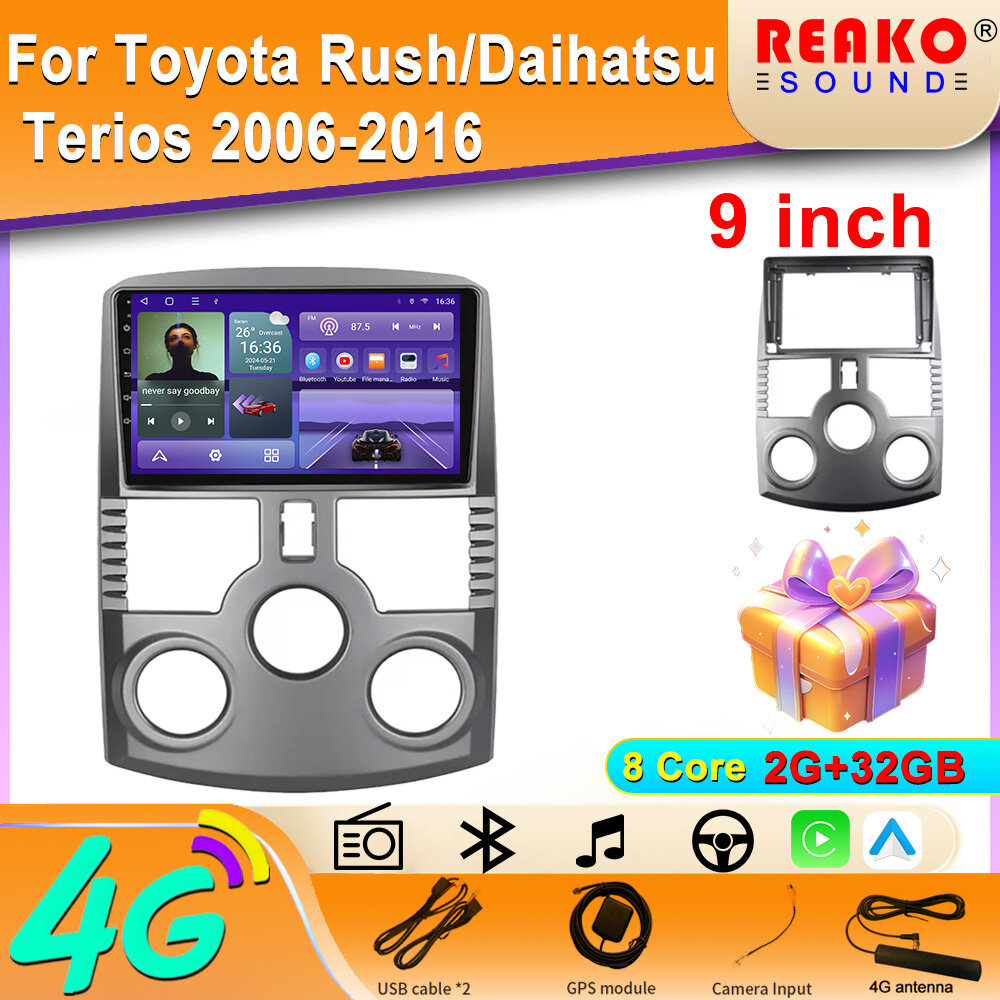 Магнитола для Toyota Rush/Daihatsu Terios 2006-2016, с камерой заднего вида. IPS экран 9 дюймов, Wifi 2din с сенсорным экраном, usb и блютузом.