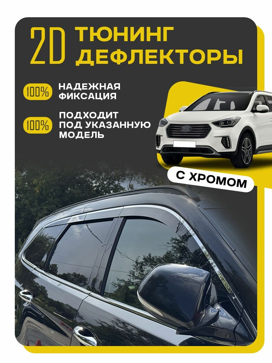 Плоские тюнинг дефлекторы для окон Hyundai Grand Santa Fe 3 (2012-2018) Ветровики для Хендай Гранд Санта Фе 3 поколение / 2d дефлекторы. Комплект 6 шт с хромом.