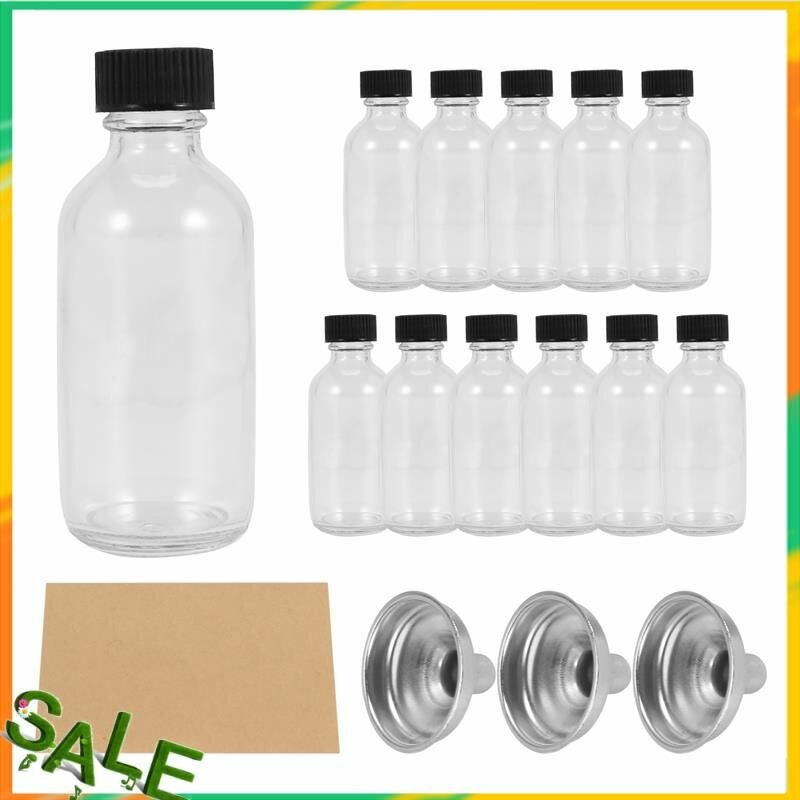 (A Q X N) 12 Стеклянных Бутылок С Крышками И 3 Воронками Бутылки Емкостью 60 Мл, 2 Унции, Прозрачные Для Соков, Имбирных Шотов, Виски,