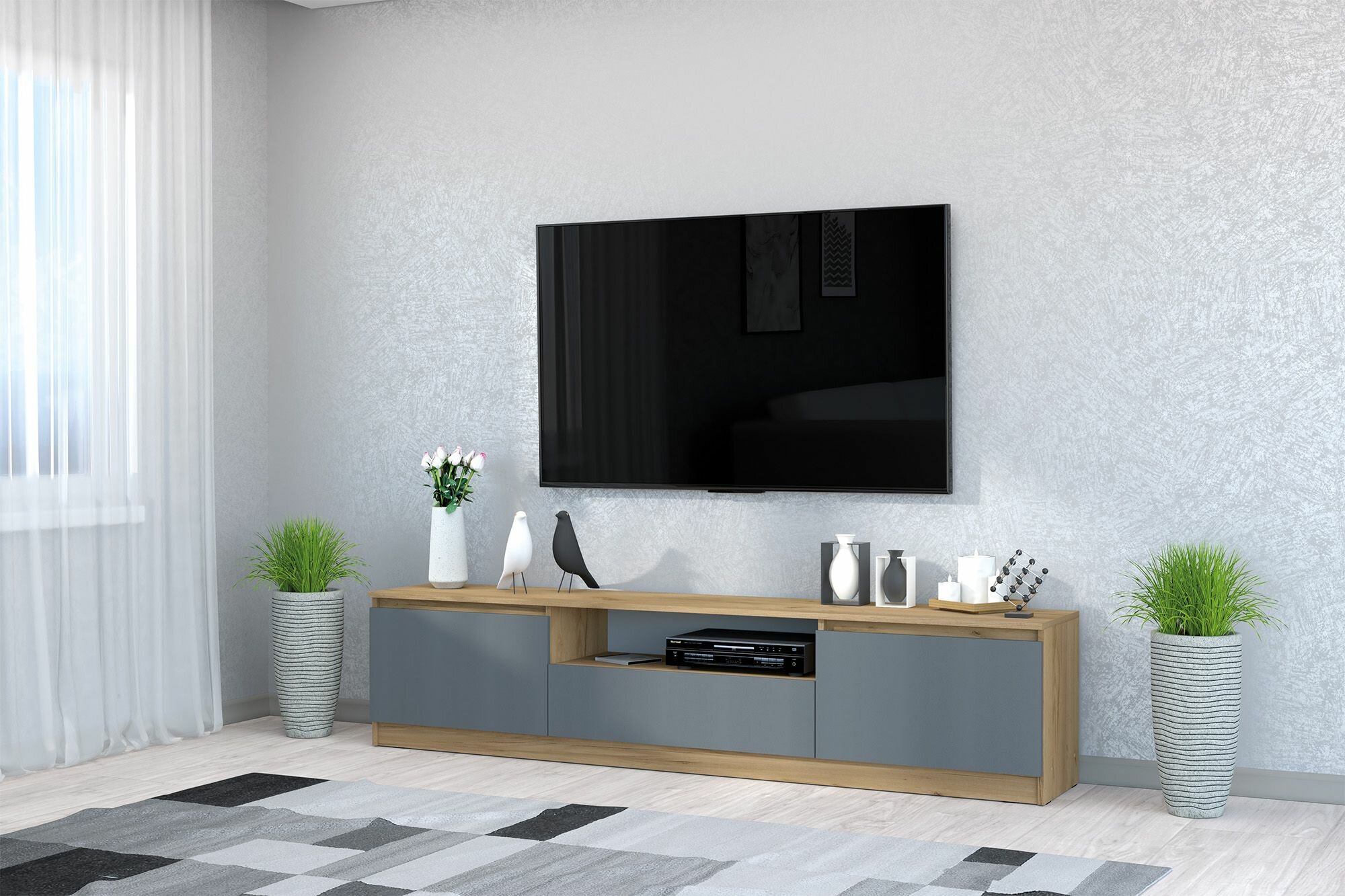 Тумба под ТВ "Хилтон", цвет Дуб Крафт Золотой, Графит, ширина 200см, тумба под телевизор, консоль, полка под телевизор