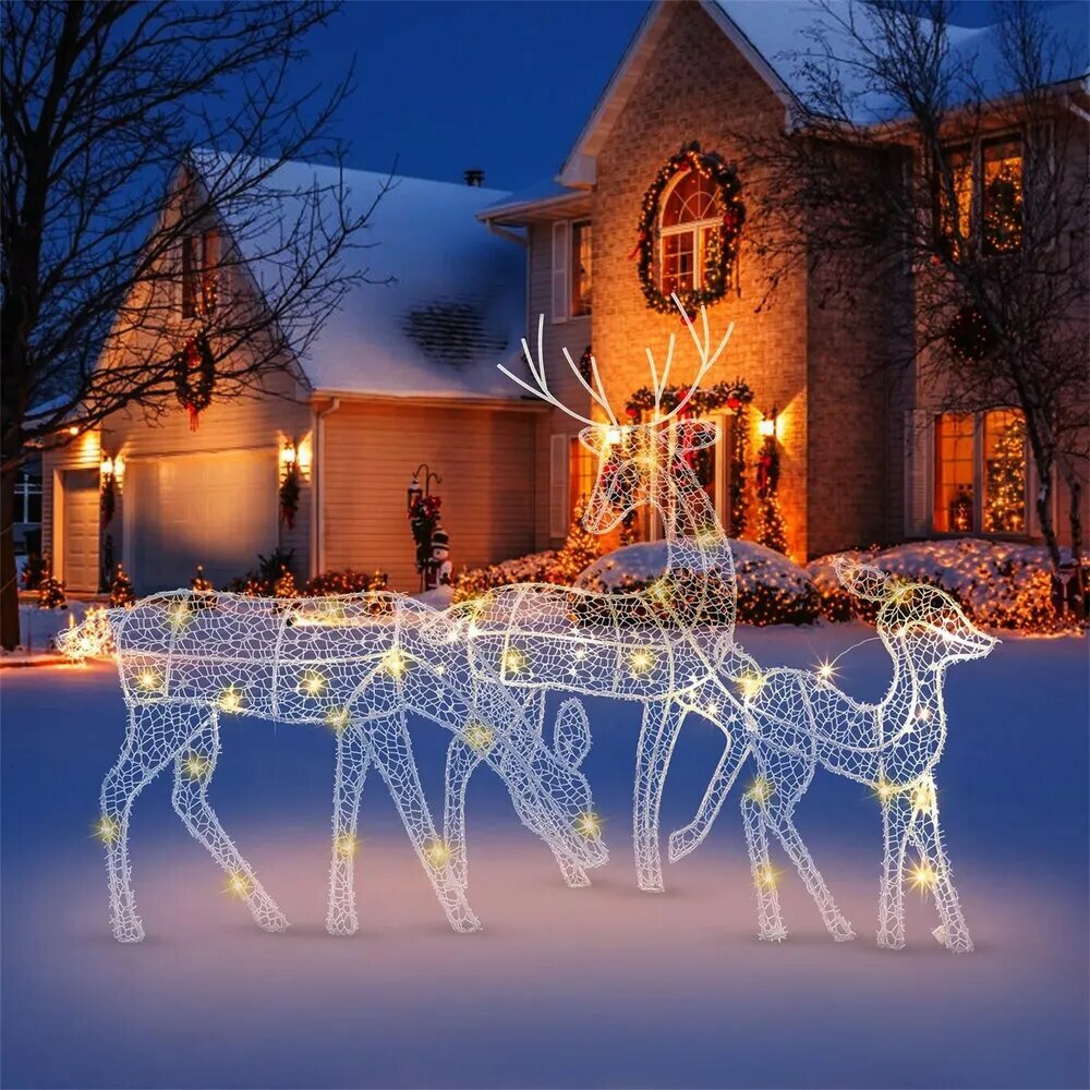 Уличные металлические светящиеся рождественские олени, семейство из трех украшений