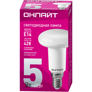 Лампа светодиодная Онлайт, E14, 5 Вт, 4000K, рефлектор