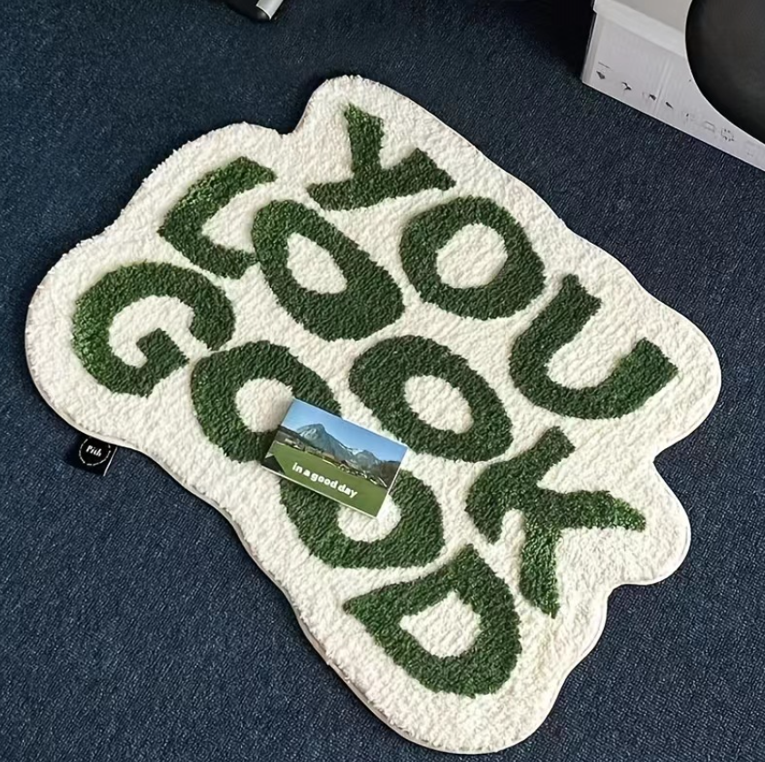 Коврик комнатный для ванной и туалета противоскользящий быстровпитывающий MyPads, быстросохнущий, стильный дизайн 60х90см, зеленый с надписью, идеа.