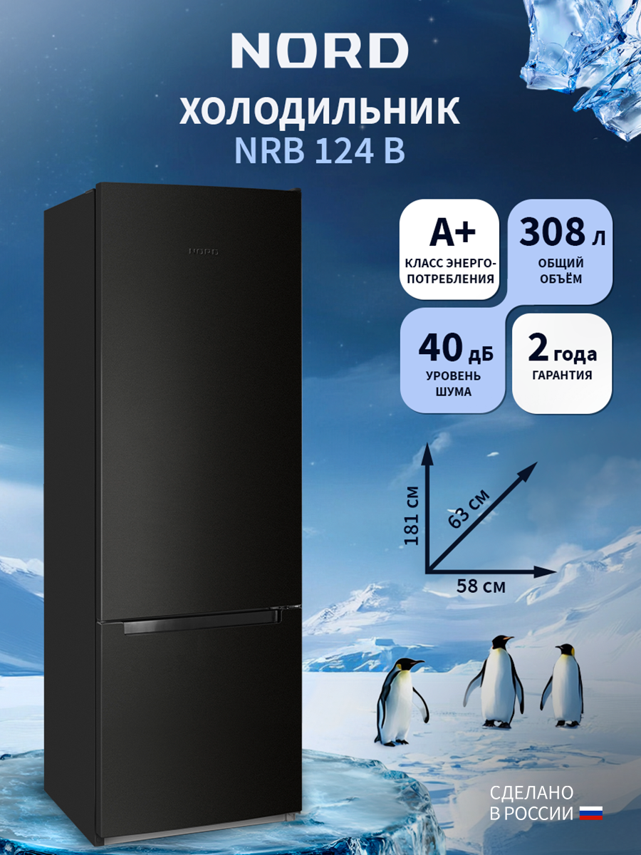 Холодильник NORD NRB 124 B, объем 308 л, перенавешиваемые двери, двухкамерный, черный матовый