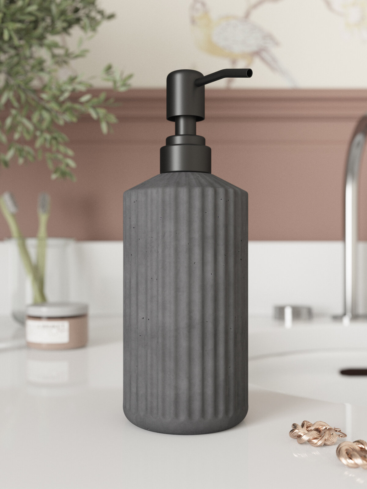 Дозатор для жидкого мыла Chloe Slim с металлической черной помпой 250 мл, бетон, черный матовый