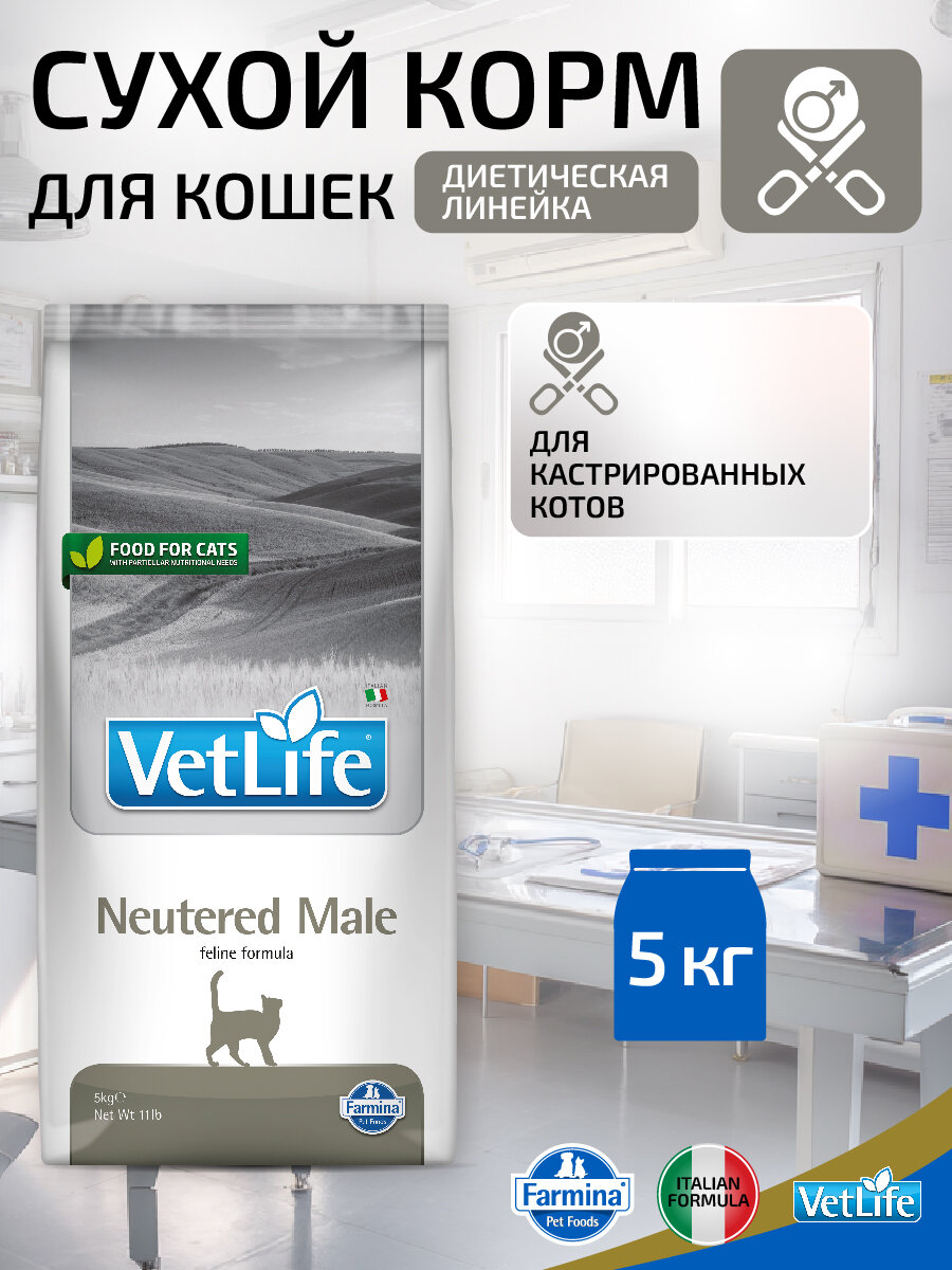 Сухой диетический корм для кастрированных котов Farmina Vet Life Neutered Male, курица, 5 кг