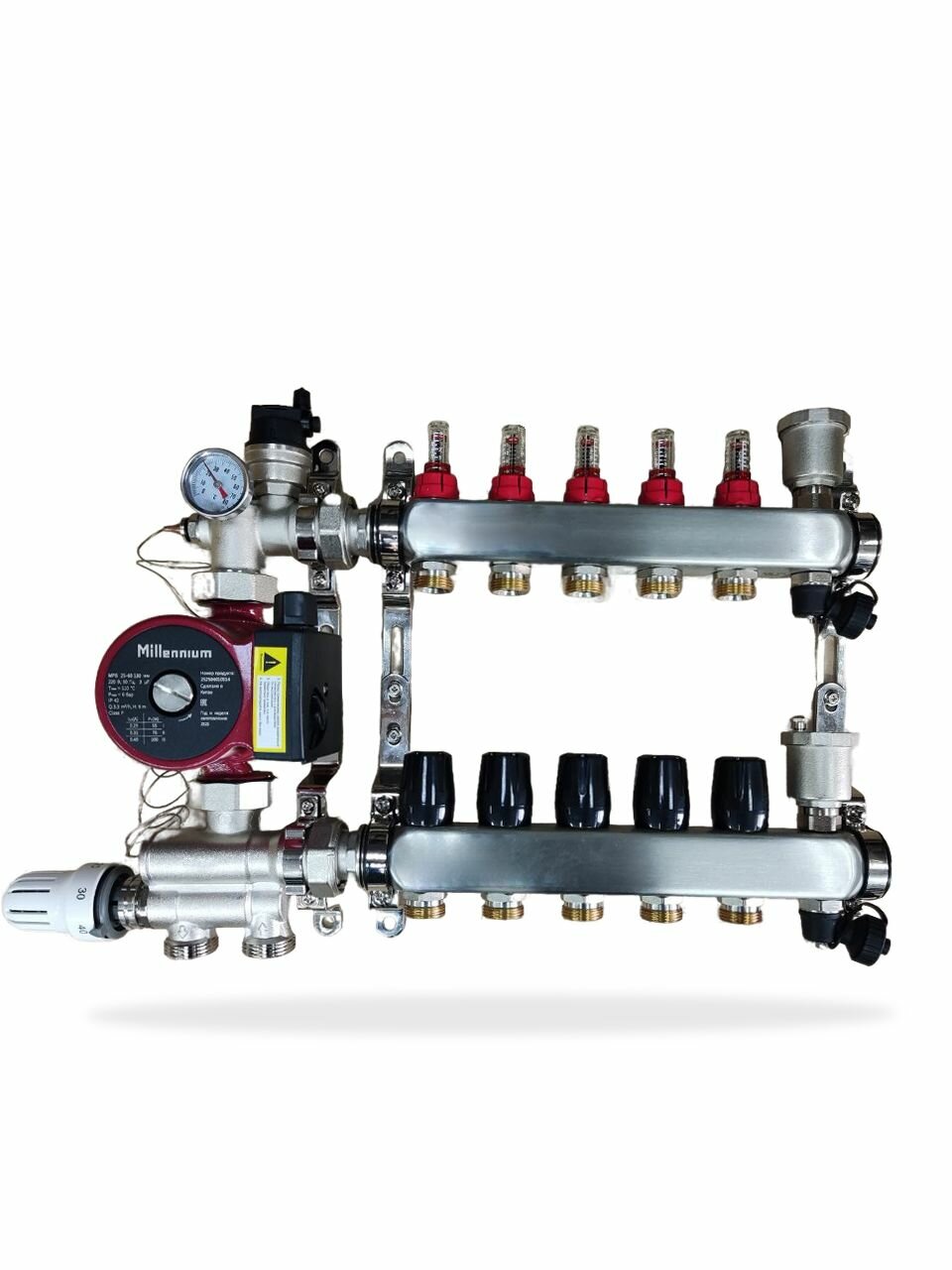 Коллекторная группа для теплого пола на 5 контуров с насосом MPS 25-60, смесительным узлом от 20-60С и евроконусами до 70 кв/м Millennium