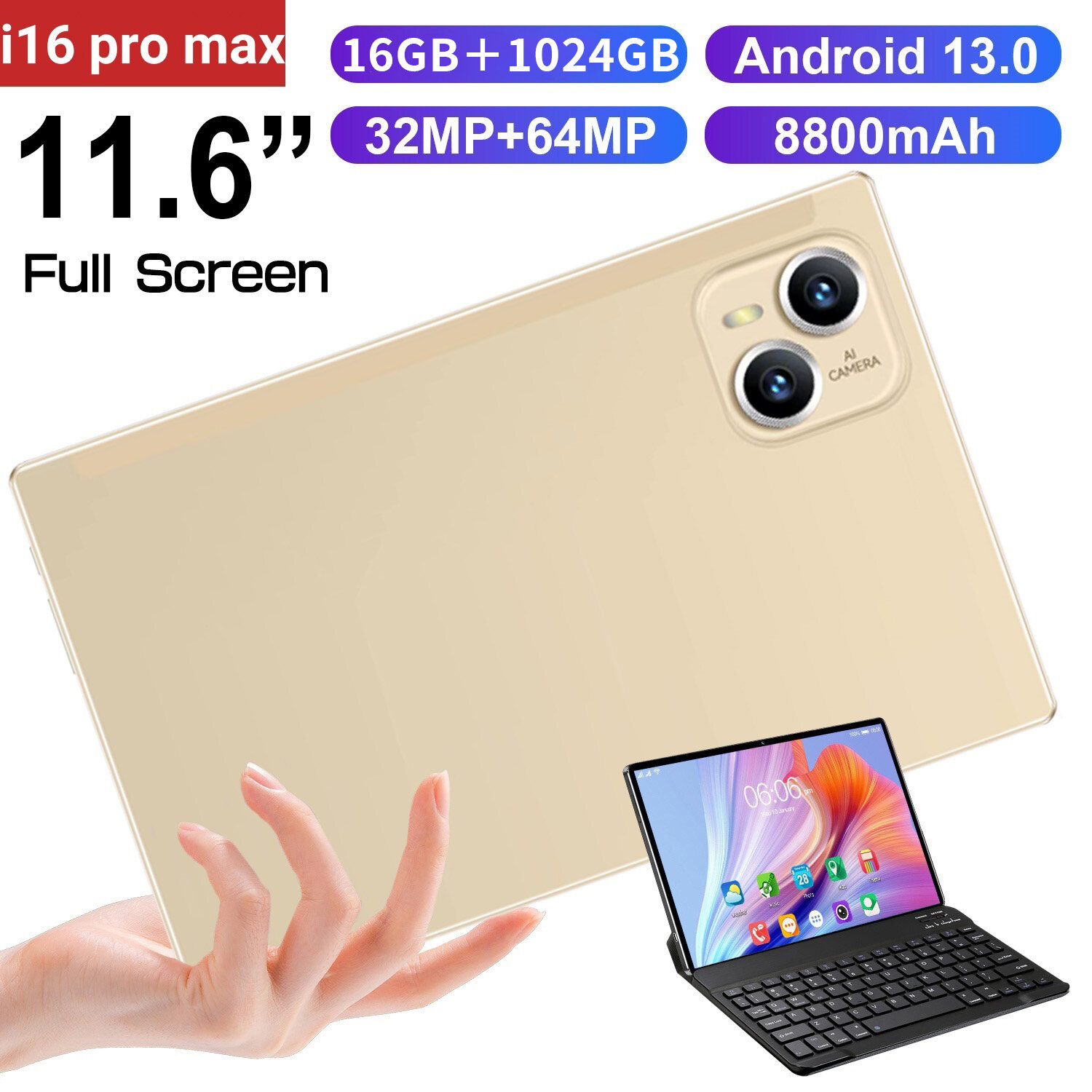 Игровой планшет i16 Pro, Android 13, процессор MediaTek MT6799, экран 11,6", 10 ядер--золотой