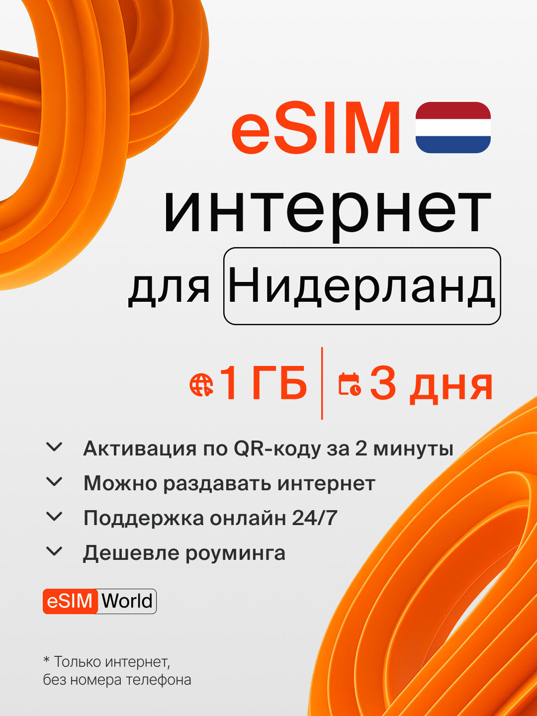 1 ГБ / 3 дня: Туристическая eSIM Нидерланды интернет в Амстердаме и Роттердаме