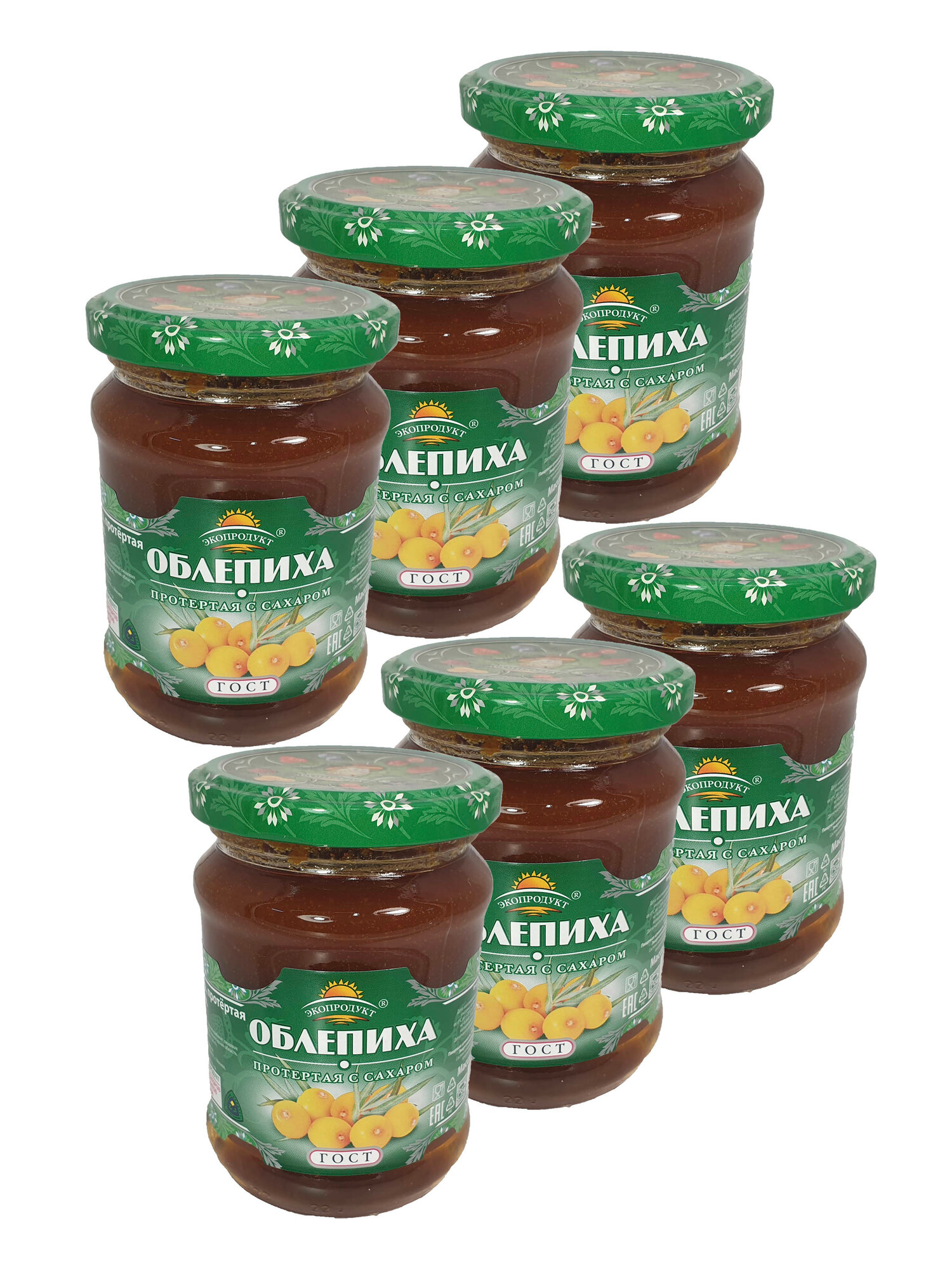 Облепиха протертая с сахаром ТМ "Экопродукт", ГОСТ, 6 баночек по 320 г