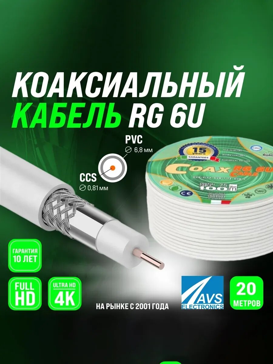 Коаксиальный телевизионный кабель RIPO, RG 6 U, CCS, 20 м