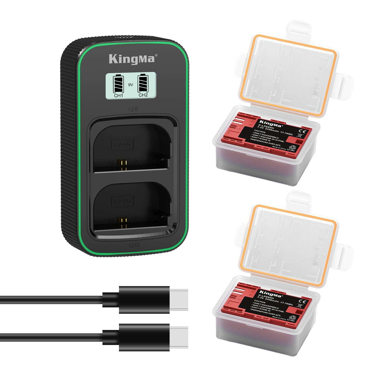 Быстрое зарядное устройство + 2 аккумулятора KingMa LP-E6NH 2400 mAh (Canon EOS R7; R6; R5; 6D; 5D Mark IV)