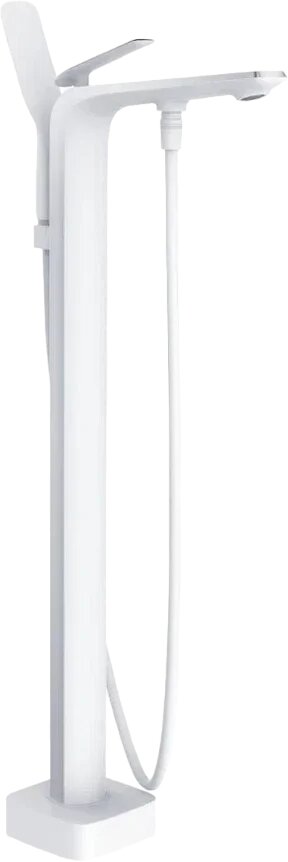 Напольный смеситель для ванны с душем Rose R1322F с душевым гарнитуром, белый, матовый, глянцевый, латунный, с функцией экономии расхода, с керамическим картриджем