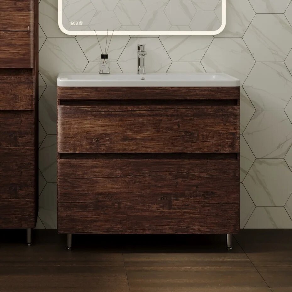 Тумба с раковиной Style Line Атлантика 90 напольная, 90 см, темное дерево, матовая, из МДФ, с ящиками, раковина для ванной из искусственного мрамора, прямоугольная, лофт