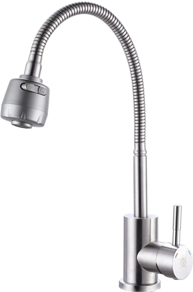 Смеситель для кухни РМС SUS124-016F с гибким изливом, с поворотным изливом, матовый, однорычажный, нержавеющая сталь, с керамическим картриджем