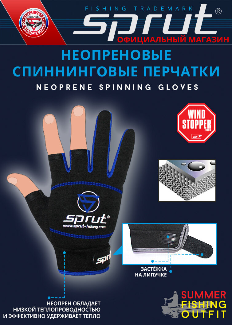 Перчатки неопреновые трехпалые Sprut Spinning (Синий-OS)