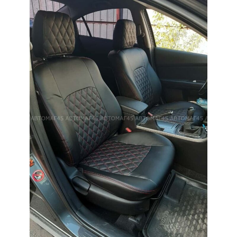 Авточехлы Mazda 3 Мазда 3 2003-2009г экокожа черная красная нить ромб