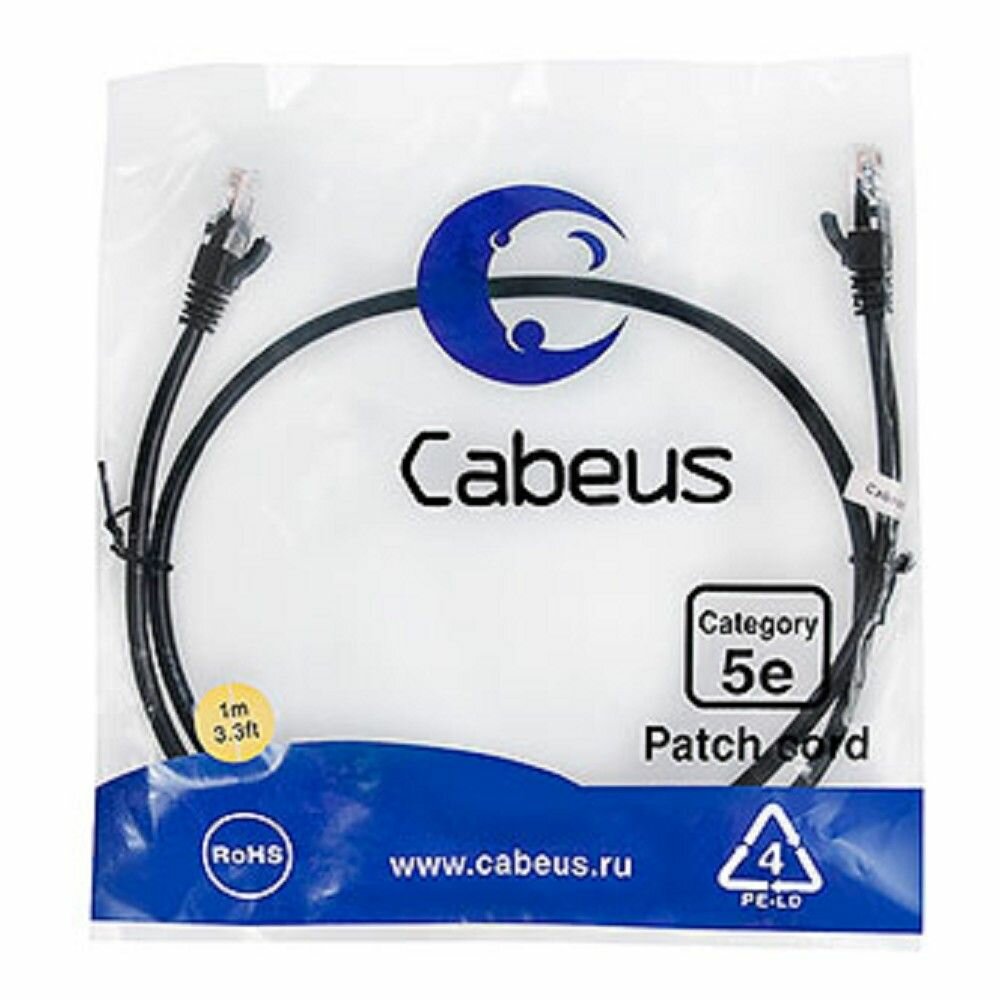 Cabeus Патч - корды сетевые, телефонные PC - UTP - RJ45 - Cat.5e - 1m - BK Патч - корд U UTP, категория 5е, 2xRJ45 8p8c, неэкранированный, черный, PVC, 1м