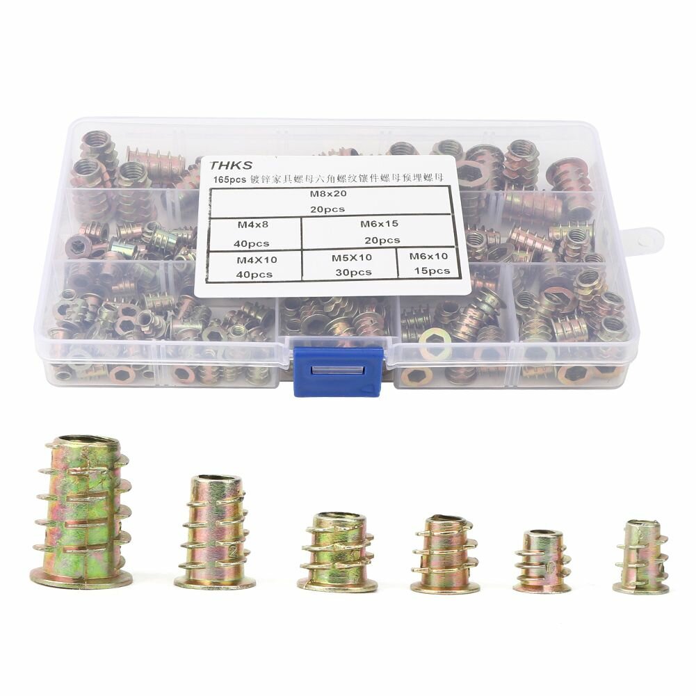 Набор из 165 гаек с шестигранной резьбой, оцинкованных, углеродистых, стальных, деревянных, мебельных крепежей с цветным покрытием, прочных монтажных деталей
