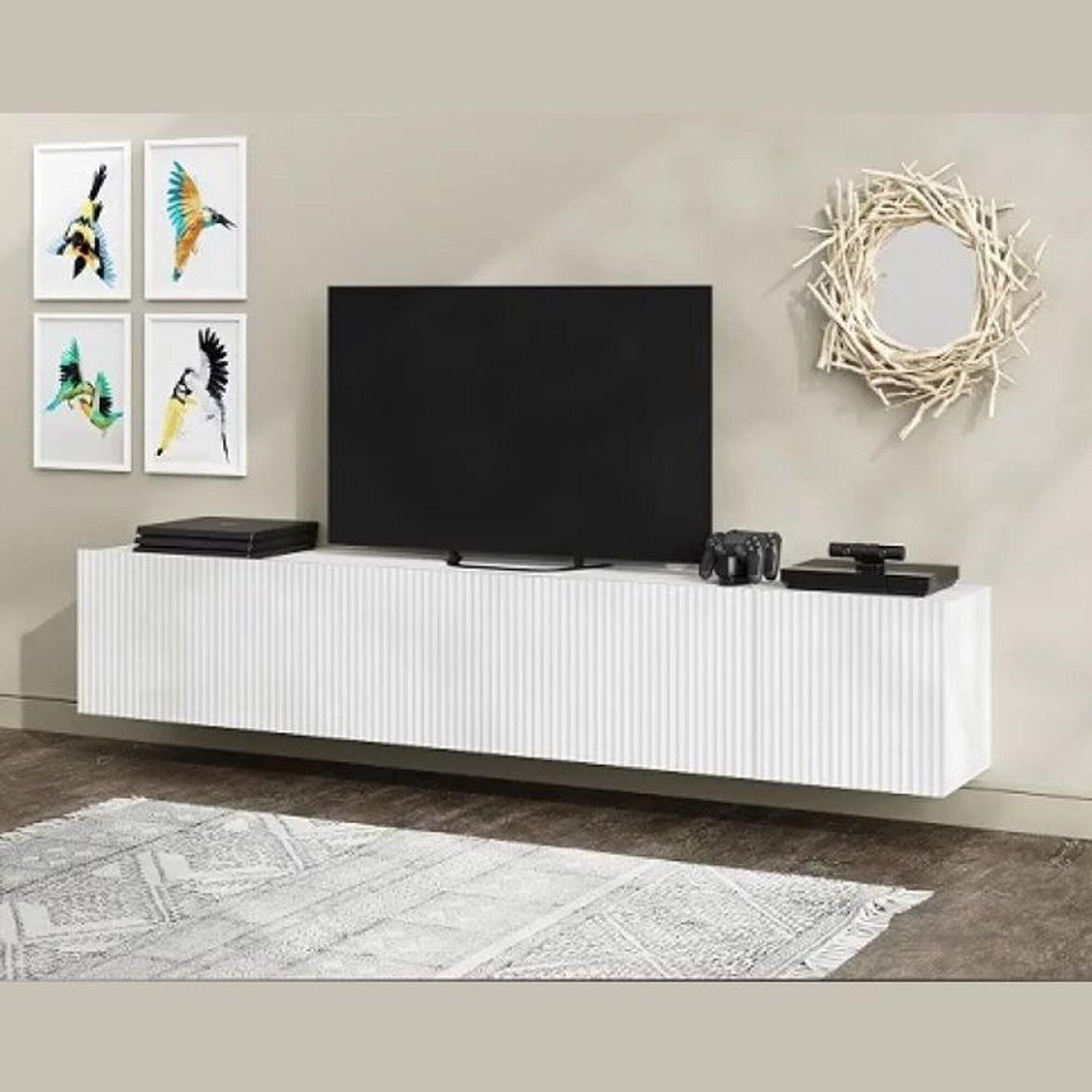 Тумба под ТВ стиль мебельная компания "Сканди", Белый гладкий/Белый матовый