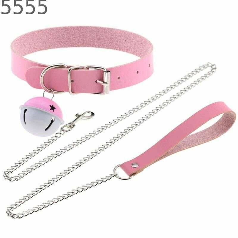 Ошейник на тяговой цепи с подвеской-колокольчиком-розовый