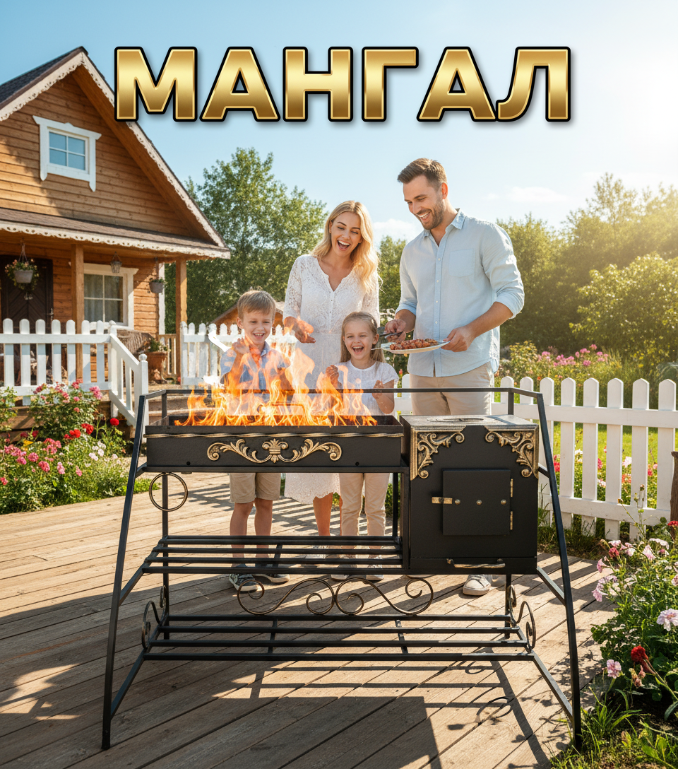 Мангал с печкой под казан без крыши, мангальная зона с печью и полочками металлическая, летняя кухня для дачи