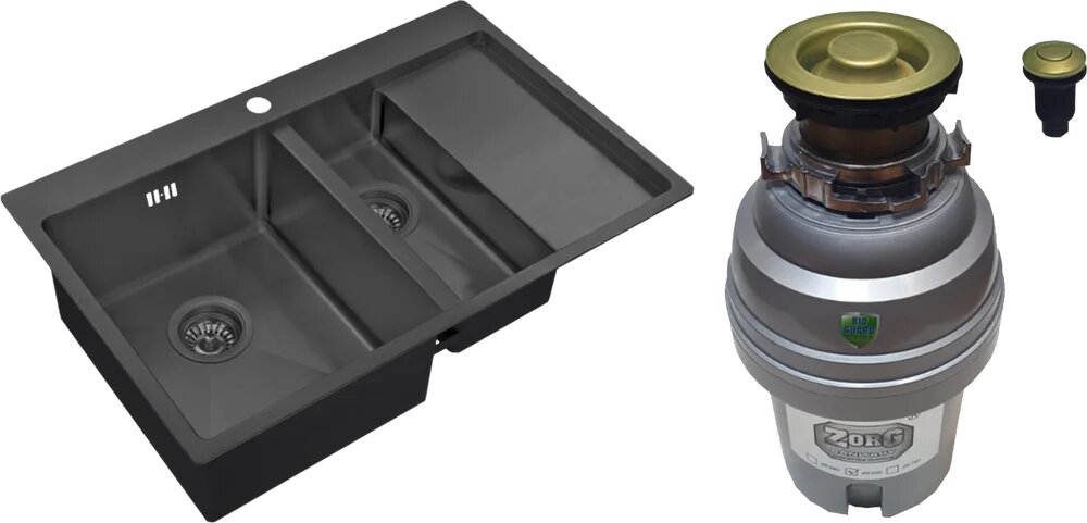 Комплект Мойка Zorg Inox PVD 5178-2-L 78x51, grafit, нержавеющая сталь / Измельчитель ZR-75 D BRONZE электрический, нержавеющая сталь