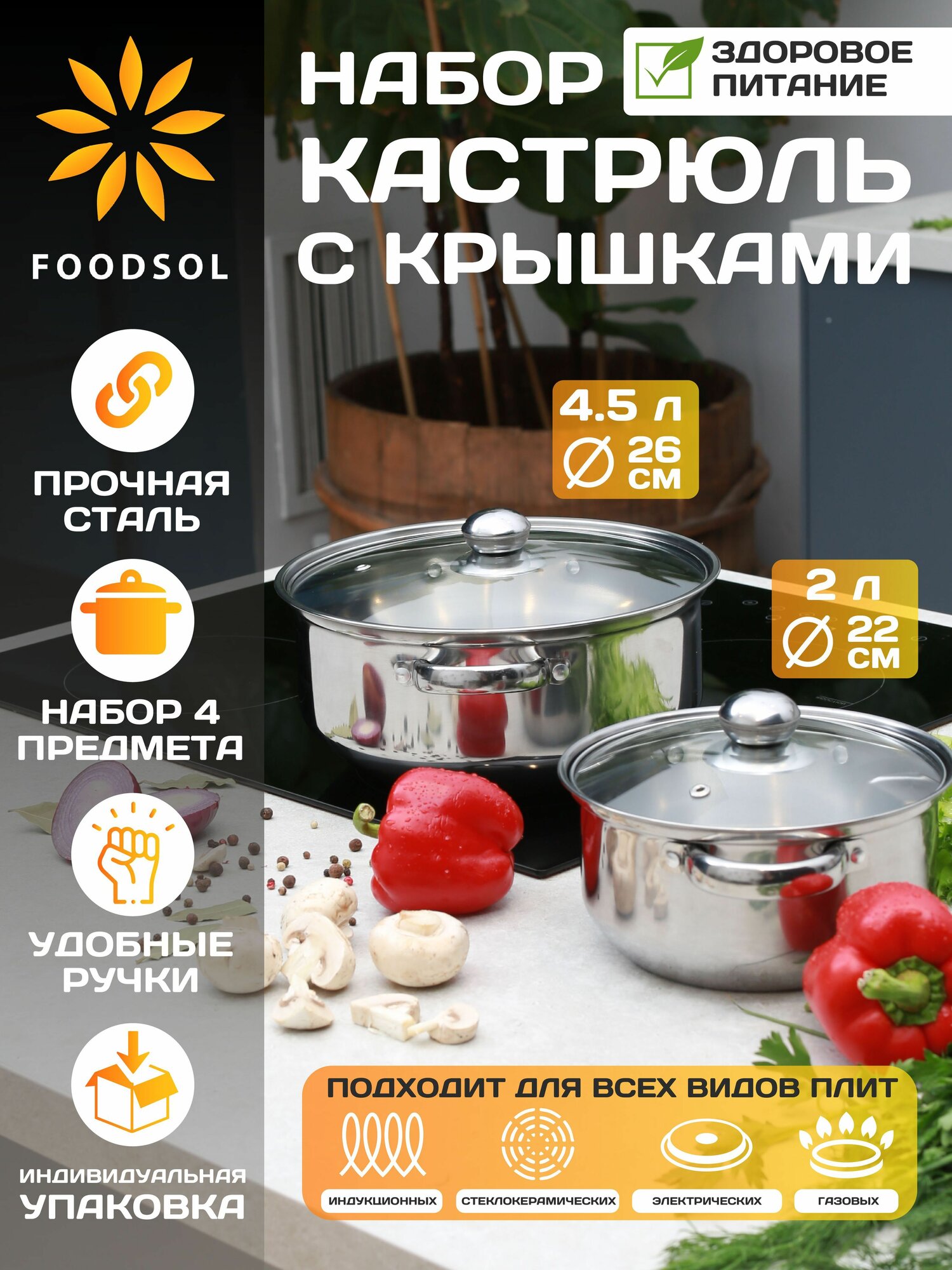 Набор кастрюль с крышкой 2 л и 4,5 л / посуда для кухни / кастрюли для индукционной и газовой плиты