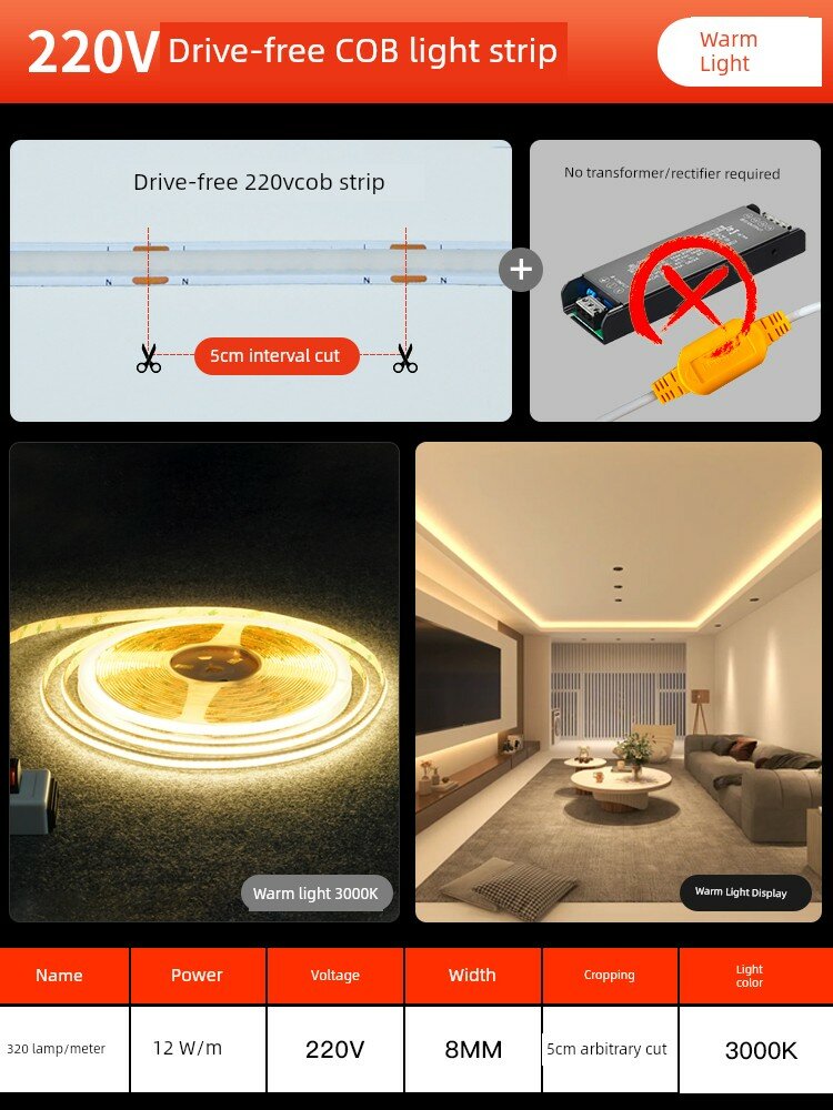Светодиодная лента COB 220В с прямым подключением, без драйвера и трансформатора, линейный светильник без проводки,