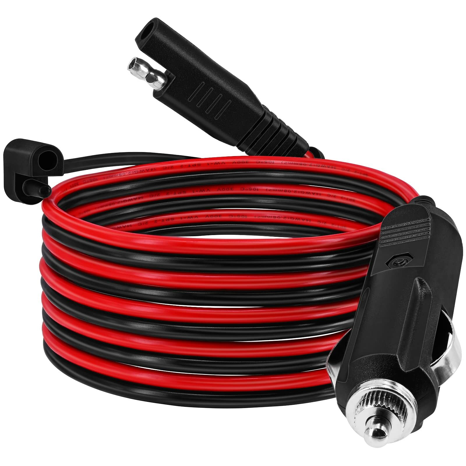 FOXSUR Провод-расширение SAE на розетку зажигалки 12V длина 150cm, кабель Heavy Duty с адаптером быстрого разъема, зарядный кабель для автомобиля с LED-индикатором, провода красные и черные 16AWG, предохранитель 15Amp, материал жилки латунь, 2 жилы,