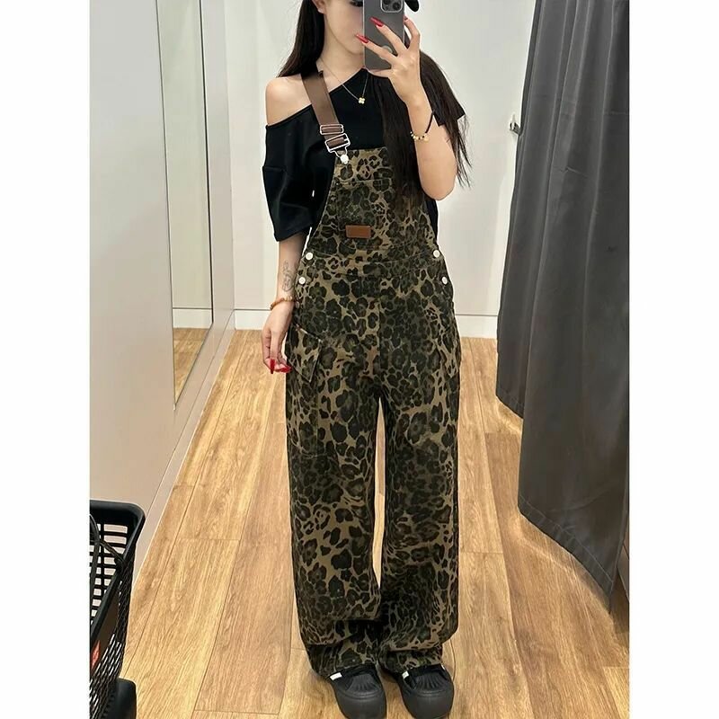 Охоты Брюки JYL Дамские джинсы: Леопардовые бретели, широкие, рабочие, ретро, длинные Чистый цвет талии_M