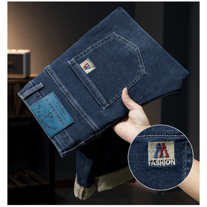 Слим тапер джинсы Rong Мужские новинки эластичные хлопковые комфортные джинсы модные вышитые конические прямые брюки, Размер_31