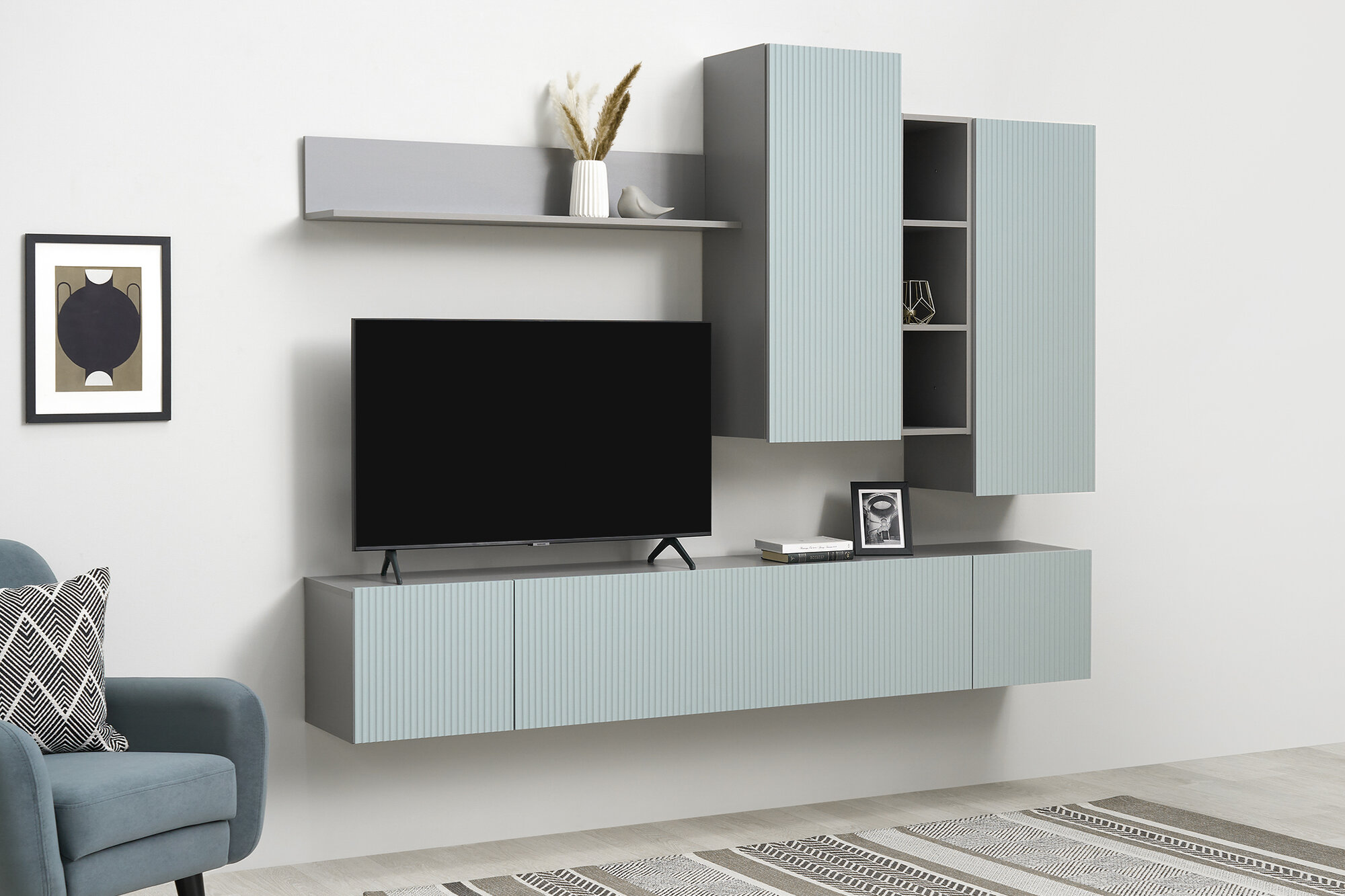 Стенка в гостиную Нонтон Сканди, 213х35х180 см, серый шифер / грин грей софт