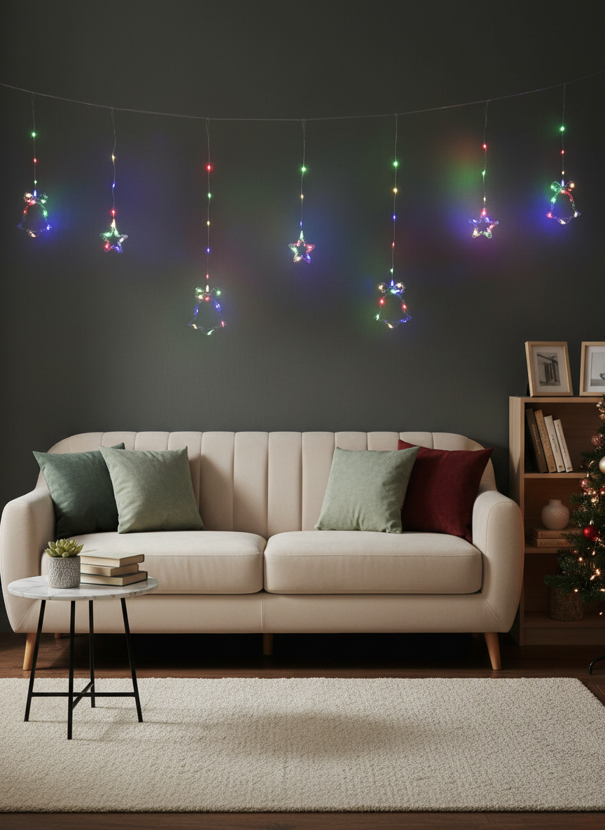 Гирлянда светодиодная - карниз/ бахрома "Колокольчик и звезды", 10 LED, разноцветная, 3 м, 8 режимов, соединяемая