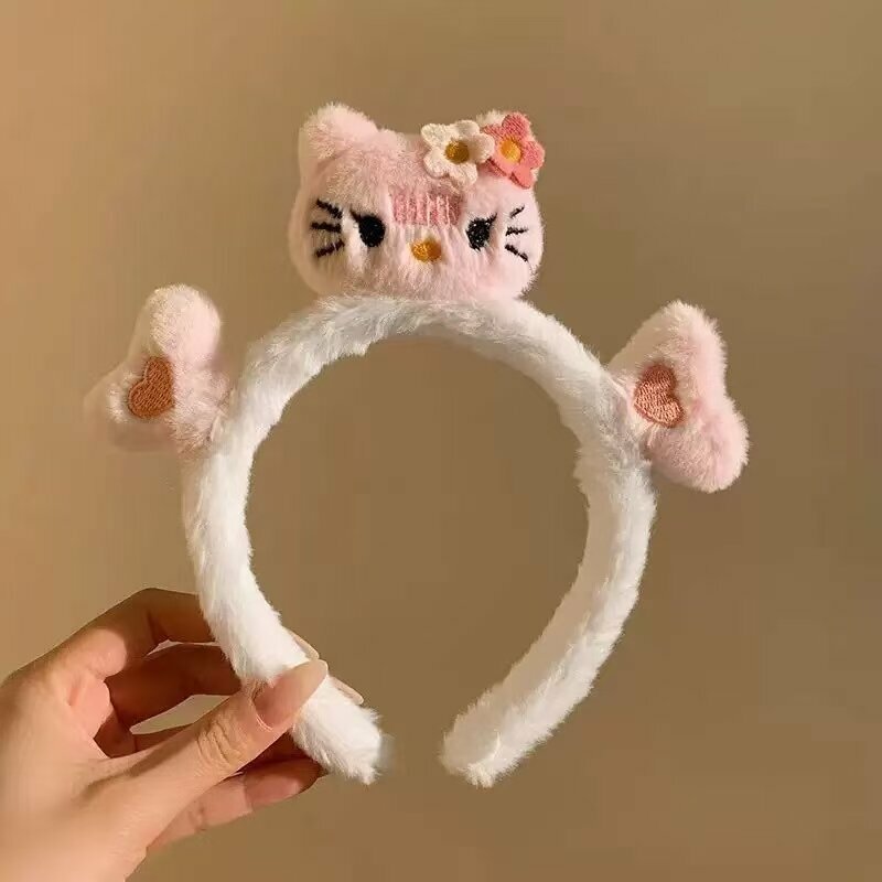 Sanrio Hello Kitty Plush Hairband Cartoon Leopard Print Anti-Slip Headband Women Face Wash Makeup Kawaii Hair Accessories Gifts