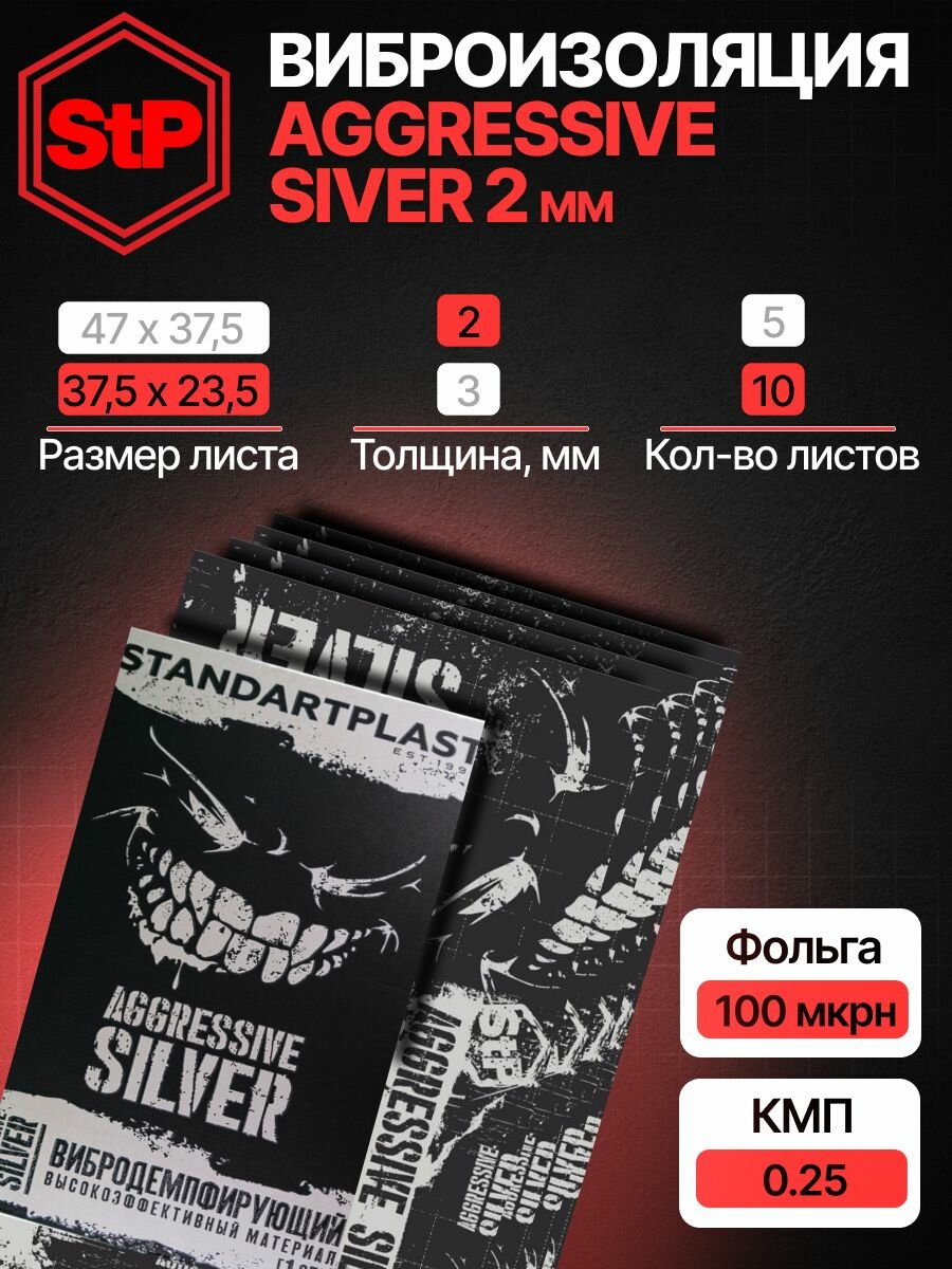 Шумоизоляция для автомобиля StP Aggressive Silver 2 мм (37,5х23,5см) - 10 листов